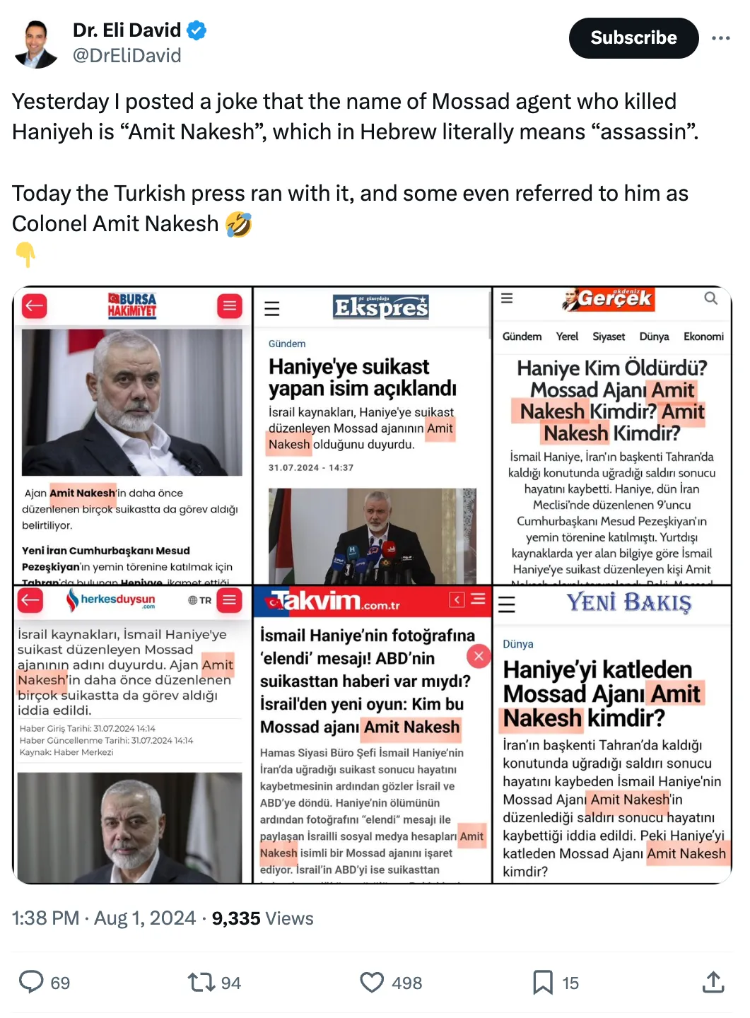 Haniye’yi Amit Nakesh isimli bir Mossad ajanının öldürdüğü iddiası - Teyit