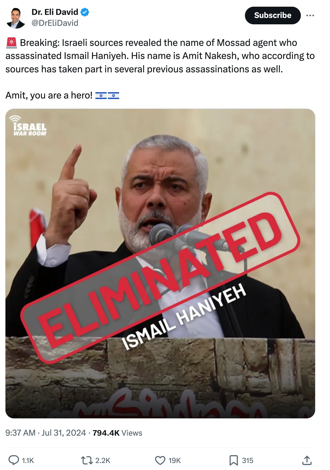 Haniye’yi Amit Nakesh isimli bir Mossad ajanının öldürdüğü iddiası - Teyit