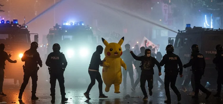 Is the image showing police officers and a person in a Pikachu costume ...