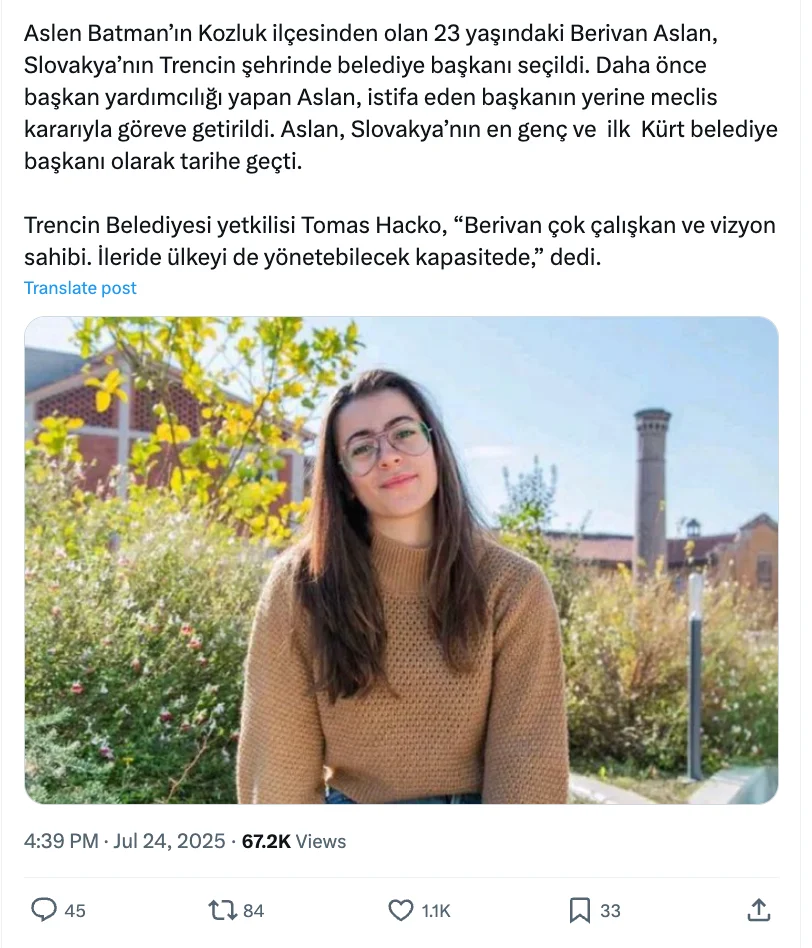 Batmanlı Berivan Aslan Slovakya’nın Trenčín şehrinde belediye başkanı ...