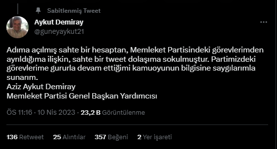 Memleket Partisi üyelerinin istifa ettiğini duyuran hesapların gerçek ...