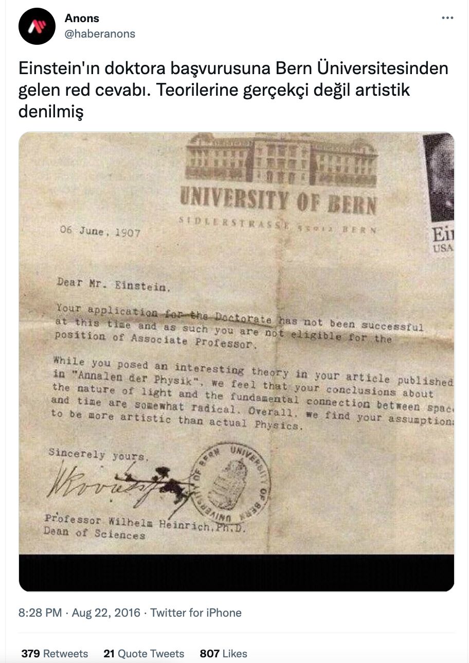 Fotoğrafın Einstein'ın doktora başvurusuna gelen ret cevabını gösterdiği iddiası - Teyit