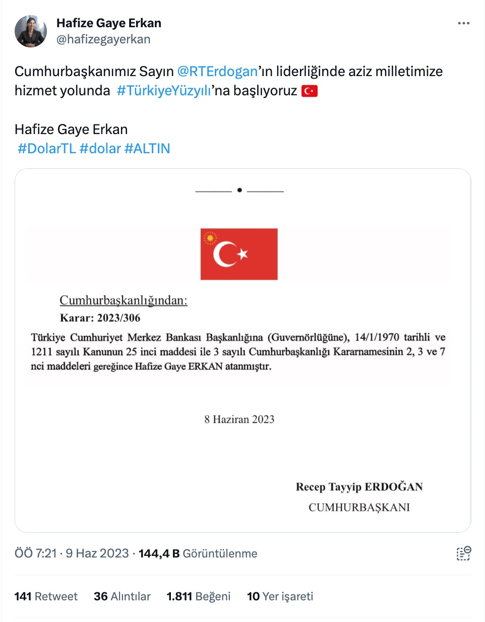 @hafizegayerkan isimli Twitter hesabının Hafize Gaye Erkan'a ait olduğu ...