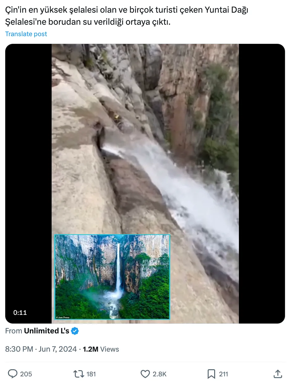 Çin'in en yüksek şelalesine bir borudan su mu veriliyor? - Teyit